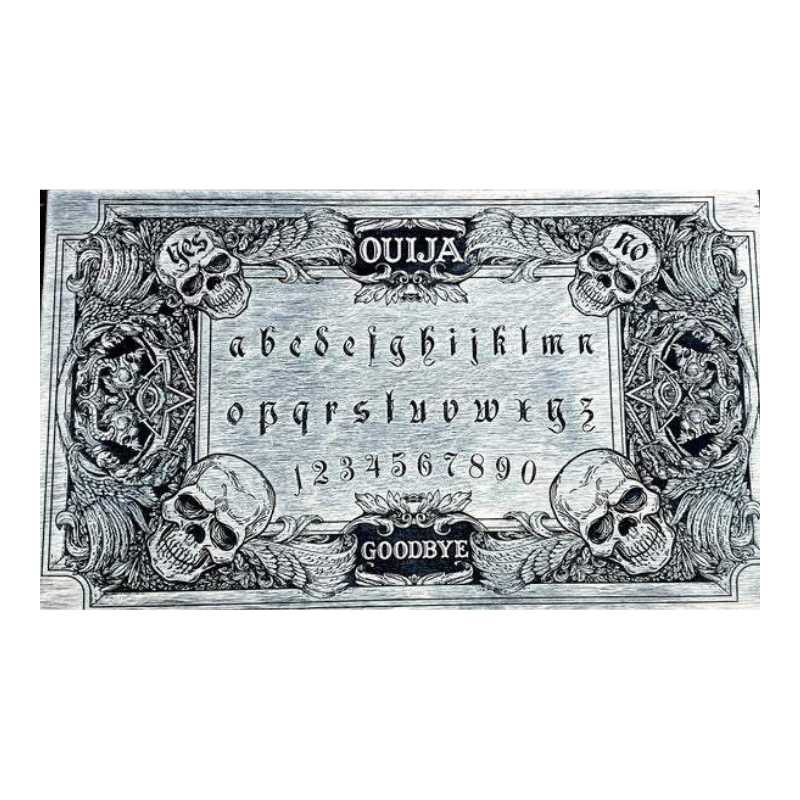 Dark Ouija board with demons and skulls wooden engraving with planchet ...