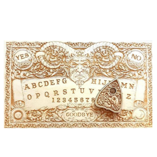 Ouija board with demon and skulls, spirit board wooden engraving ...